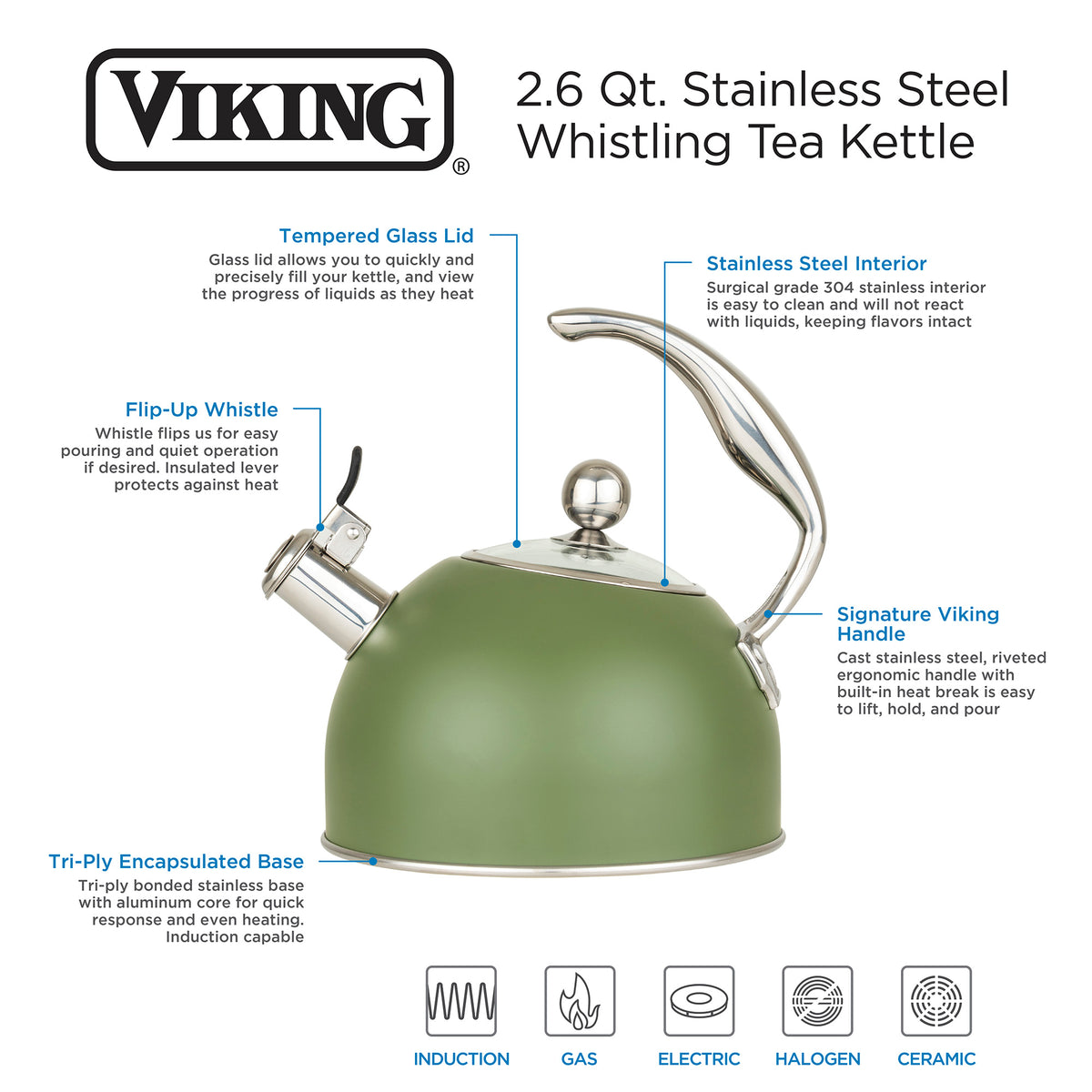 Stovetop Tea Kettles with 3-Ply Even-heat Base & Whistle | Viking