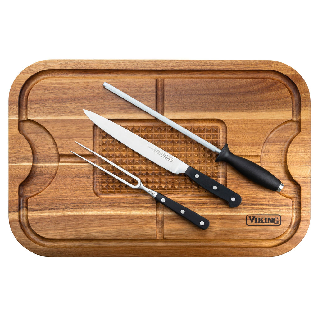 Viking Acacia Wood Cutting Board with 3-Piece Stainless Steel Carving
