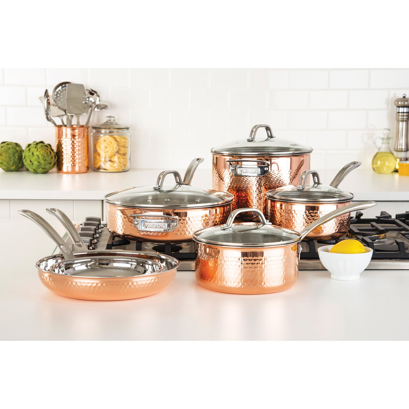 Viking 3-Ply Hammered Copper Clad 10-Piece Cookware Set with Glass Lid